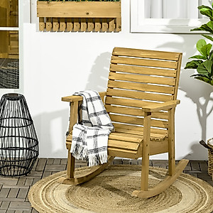 Outsunny Wooden Outdoor Rocking Chair, Traditional Slatted Wood Rocker Chair with Armrests and High Backrest for Indoor & Outdoor, Light Brown