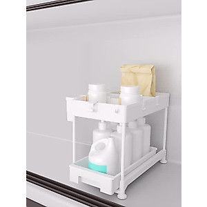 Under Sink Organizer, Sliding Cabinet Basket Organizer 2 Tier Under Bathroom Storage Rack with Hooks, Hanging Cup, Dividers, Multi-purpose Storage Shelf for Bathroom Kitchen (White)