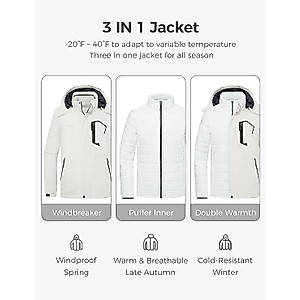 wantdo Men's 3-in-1 Winter Coat Waterproof Snow Jackets Warm Skiing Jacket with Hood White L