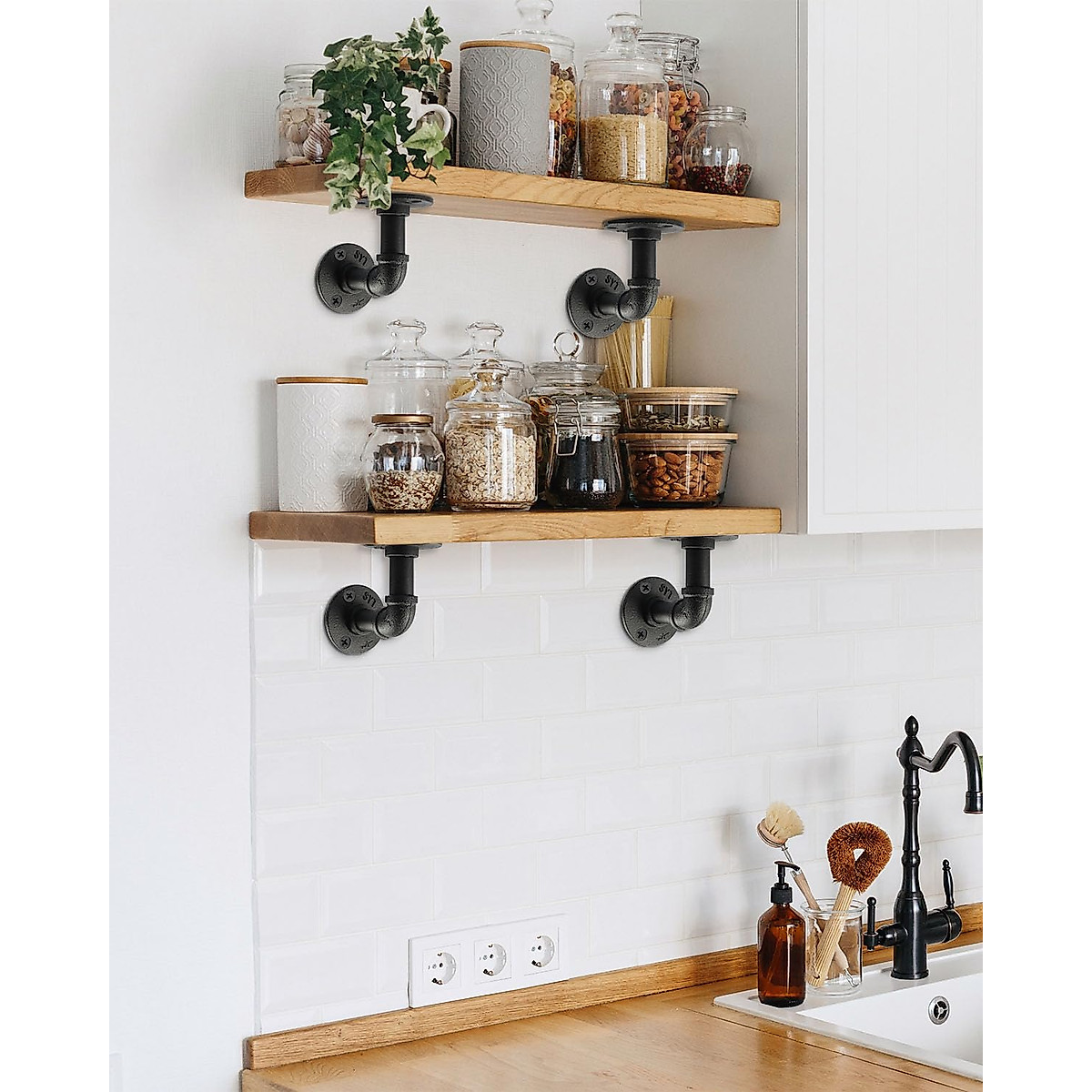 MUZIK Shelf Bracket, 12 Pack Heavy Duty Floating Shelf Brackets, Industrial Pipe Wall Mount Metal Shelving Brackets for Shelves, Vintage Black Iron Finish DIY Pipe Shelf (4*4 Inch)