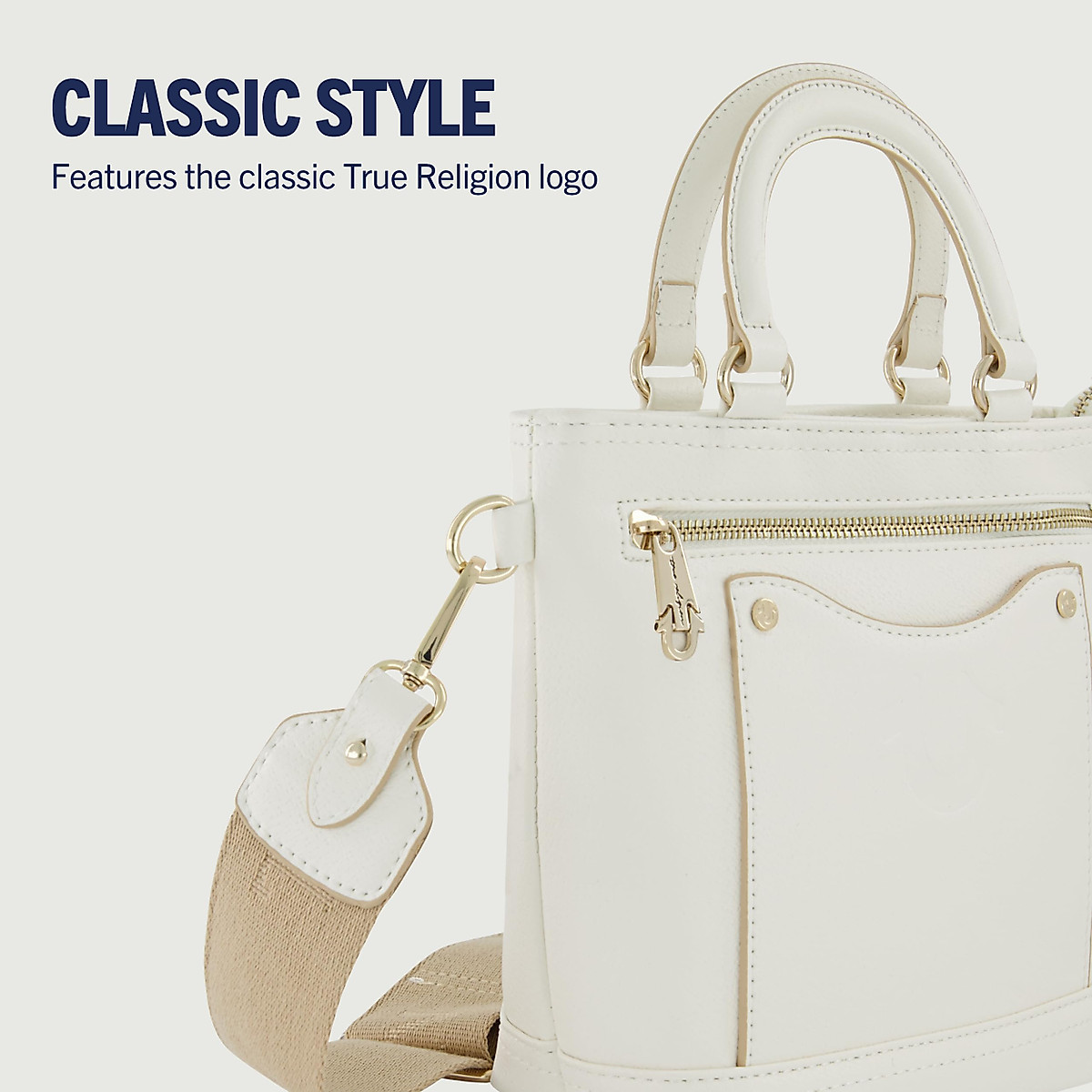 True Religion Women's Shoulder Bag Purse, Adjustable Crossbody Handbag with Horseshoe Logo Zipper, White