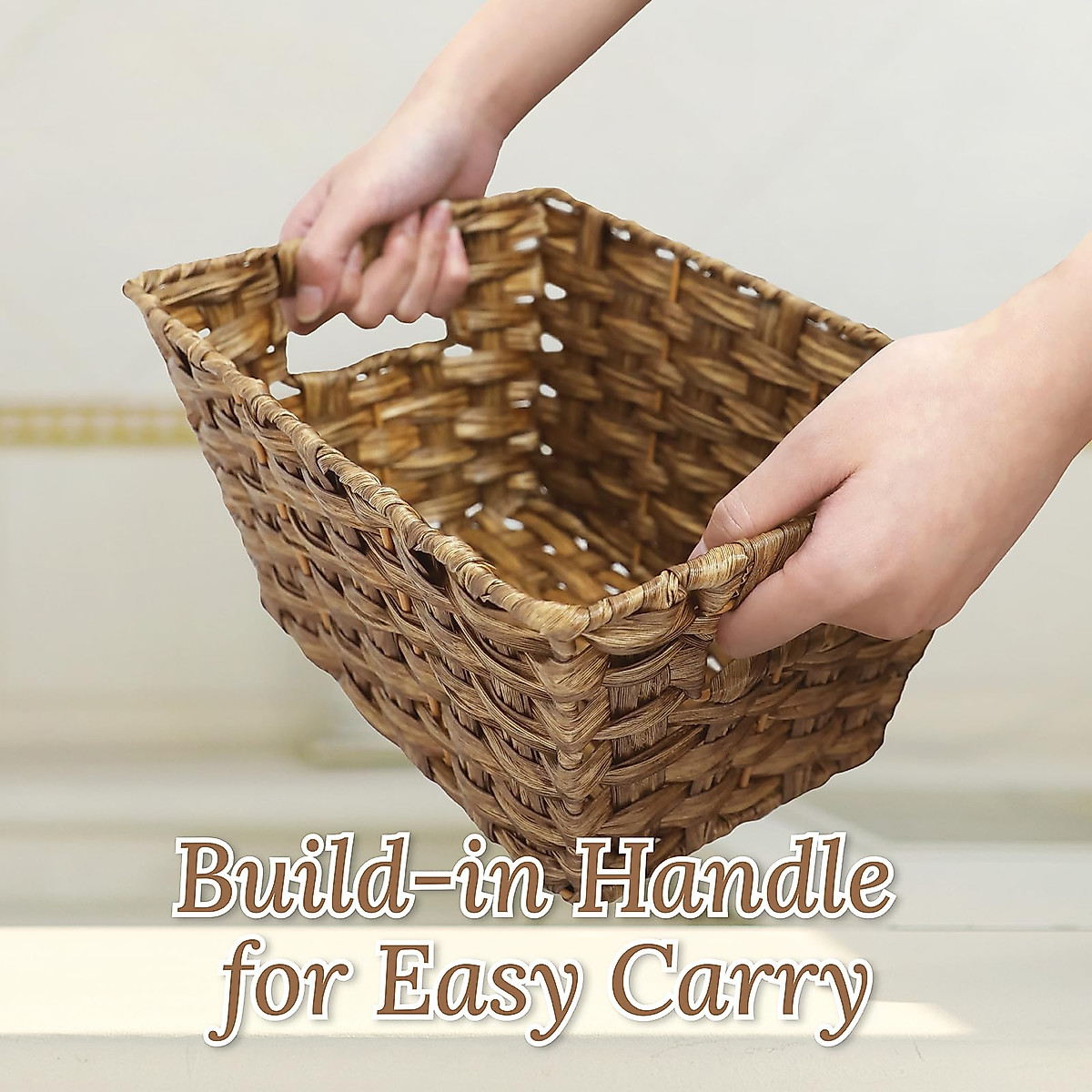 WeeNest Wicker Storage Basket with Handle, Woven Baskets for Organizing and Trays, Holders, Organizers, Storage Baskets for Shelves, Resin Wicker Set of 2, Toffee