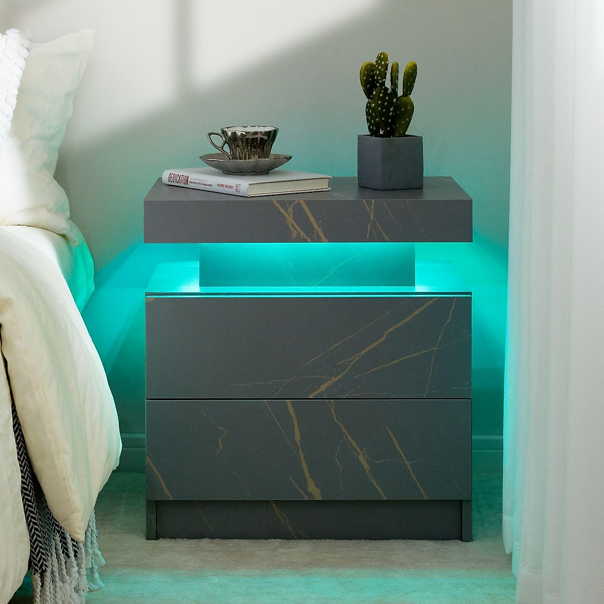 Cubehom LED Nightstands Set of 2, Modern End Table with 2 Drawers, End Tables for Living Room Bedroom Grey