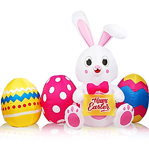 GUDELAK 6 FT Easter Inflatables Outdoor Decorations, Inflatable Easter Bunny and Colorful Eggs Build-in 5 LEDs, Happy Easter Blow Up Yard Decorations for The Home Holiday Party, Outdoor, Lawn, Garden