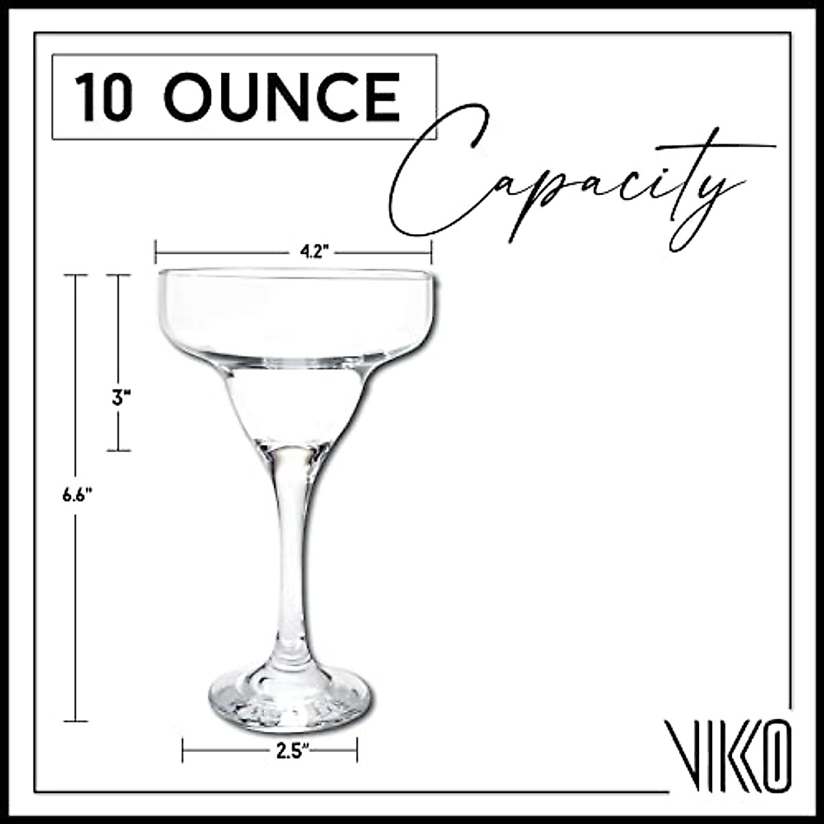 Vikko Margarita Glasses, 10 Ounce, Crystal Clear Set of 6 Margarita Glasses, Elegant Glassware for Margaritas, Pina Coladas and Cocktails