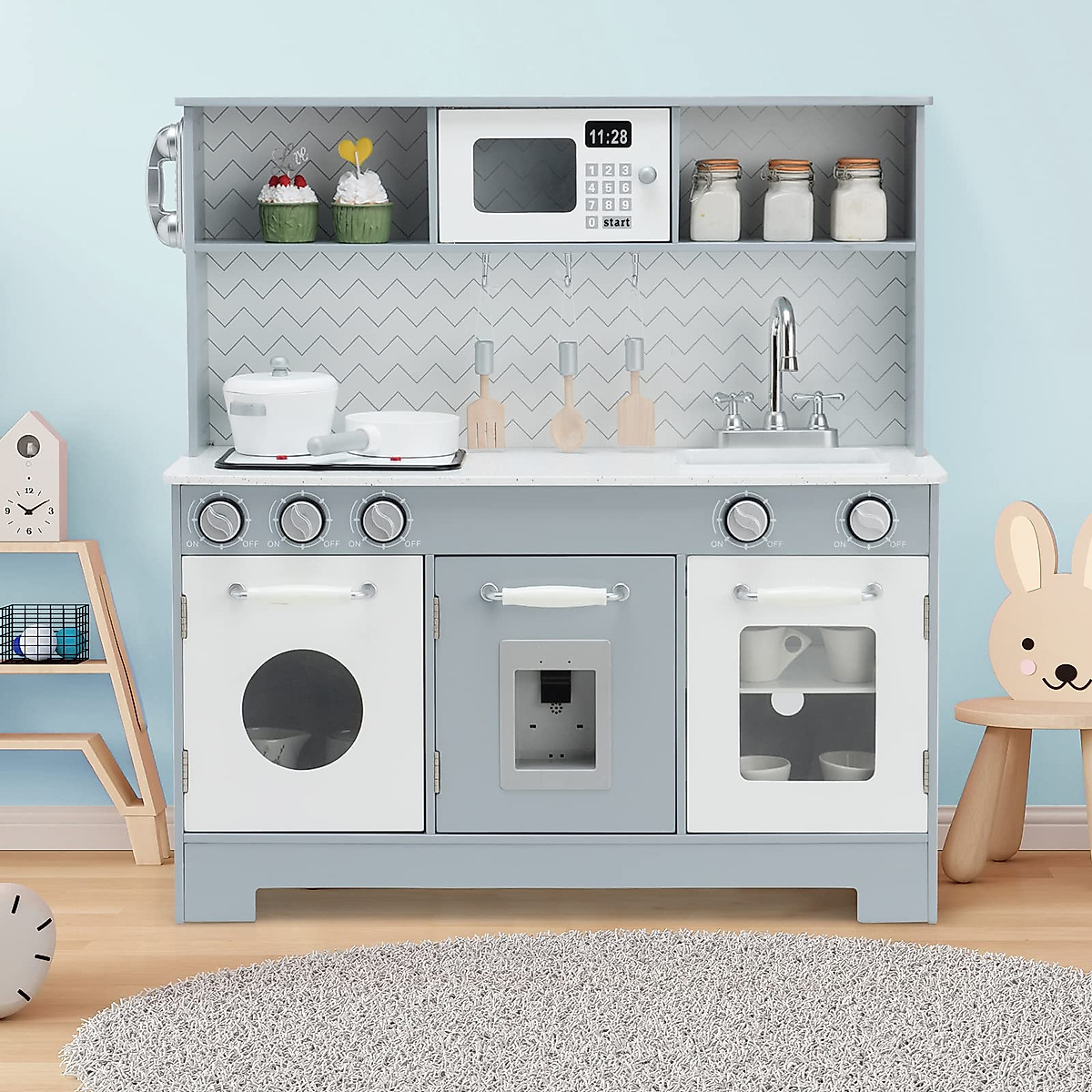 OLAKIDS Kids Kitchen Playset, Pretend Cooking Food Set for Toddlers with Real Light and Sound, Stove, Microwave, Sink, Water Dispenser, Large Storage Cabinet, Role Play Chefs Toy Gift for Boys Girls