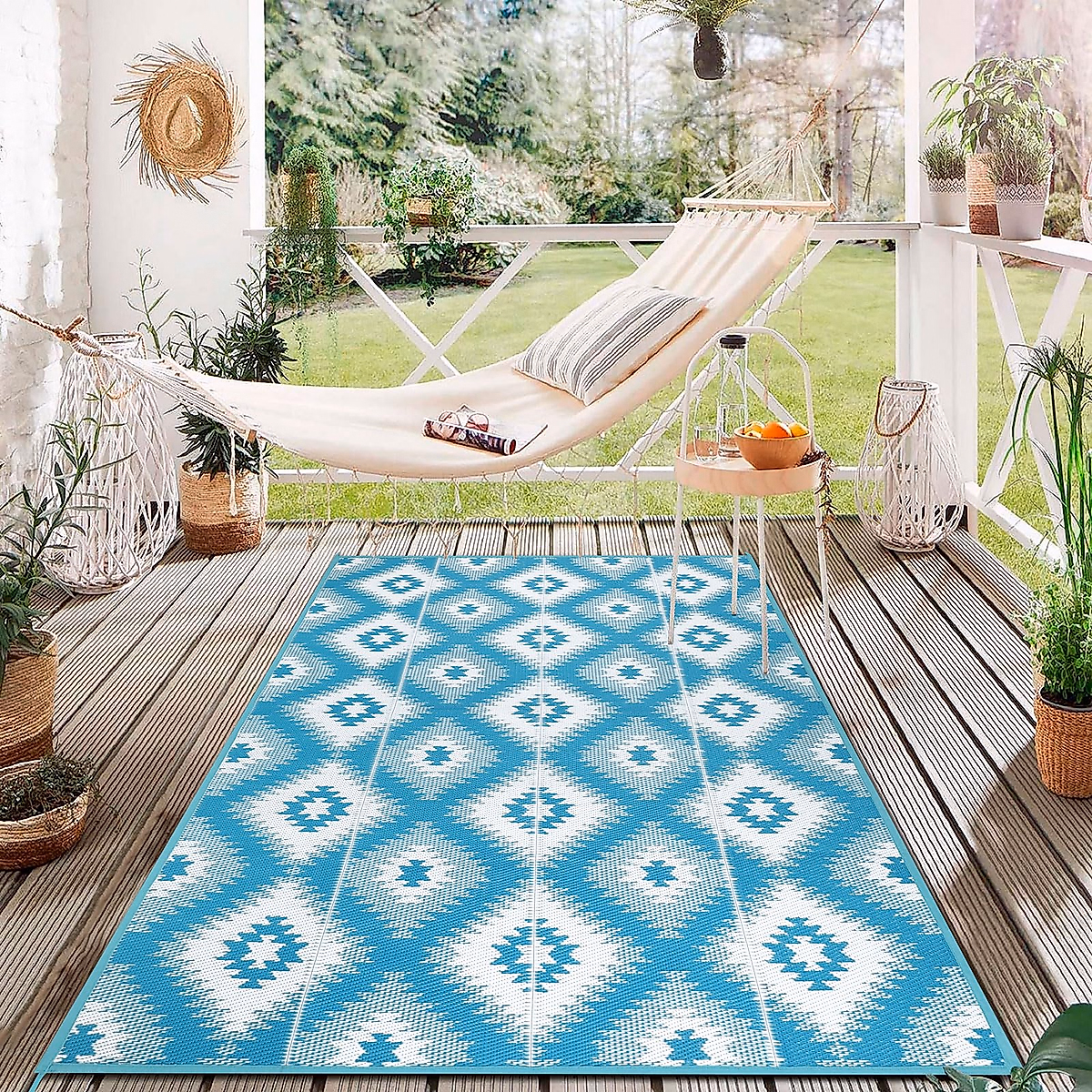 Ileading Reversible Outdoor Rug 4x6Ft Waterproof Patio Rug Carpet Portable Outdoor Plastic Straw Rug Large RV Camping Mat Rug for Patio, Clearance, Deck, Beach, Porch, Camping, Picnic, Gradual Teal