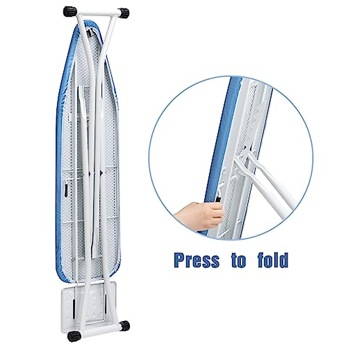 ALIMORDEN Space Saver Ironing Board 43" X 13" with Smart Hanger Adjustable Height 28"-35" Easy Storage, Heat Resistant Silicone Tray, Padded Top Blue