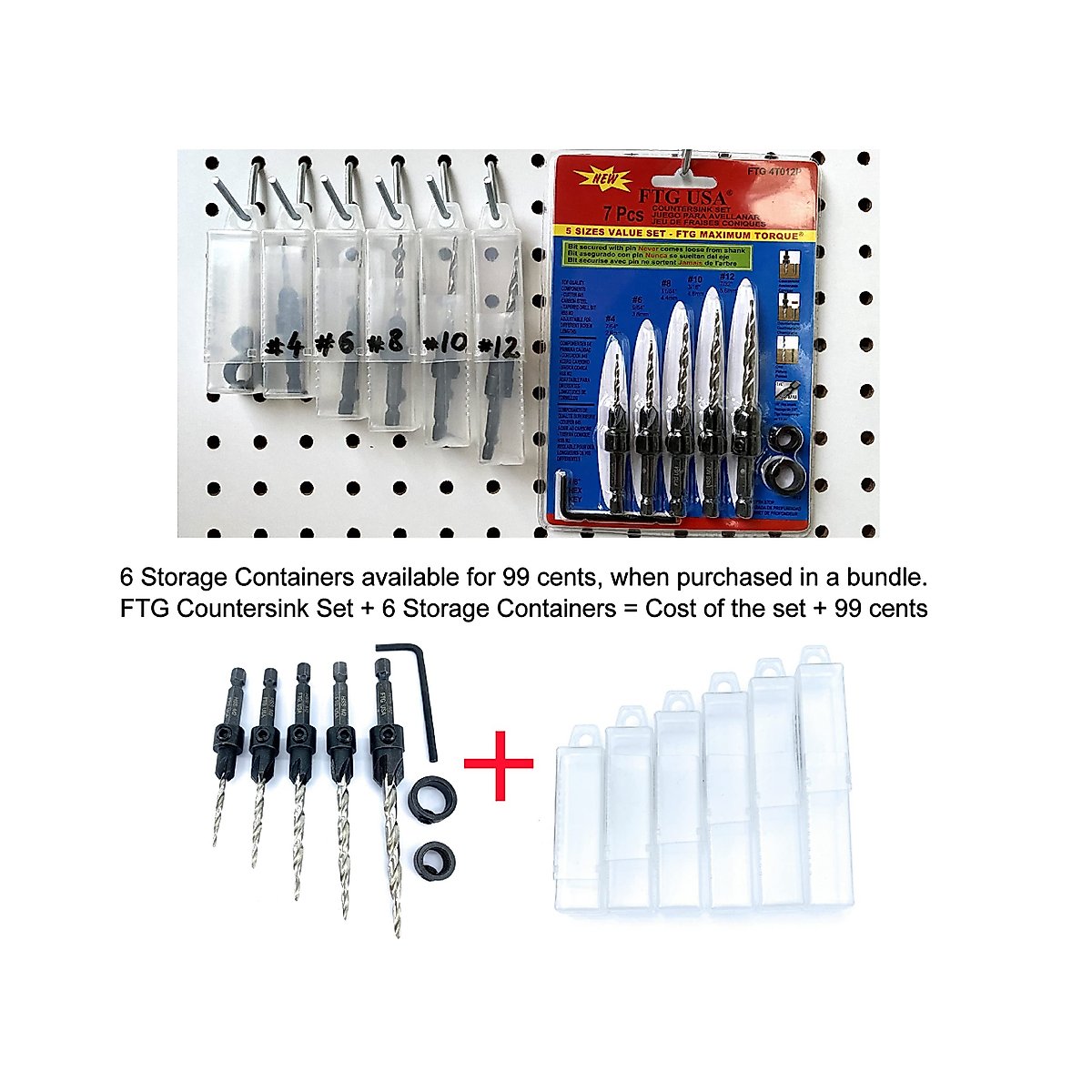 FTG USA Wood Countersink Drill Bit Set 5 Sizes Set Countersink #4, 6, 8, 10, 12 Tapered Drill Bits with Hex Shank Countersink bit, 2 Stop Collar, 1 Allen Wrench, 6 Storage Containers