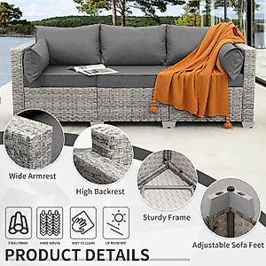 WAROOM Outdoor Couch 3 Seater Wicker Patio Sofa Grey Rattan Deep Seat Balcony Furniture Porch Seating with Grey Cushion