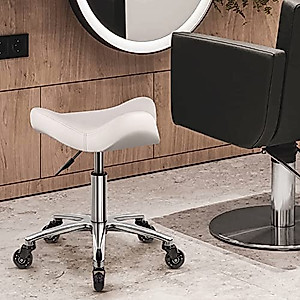 WKWKER Heavy Duty Rolling Stool with Wheels Hydraulic Swivel Adjustable Rolling Stool Ergonomic Thick Irregular Leather Seat Stool Chair for Kitchen Drafting Lab Office Salon Message Stool – White