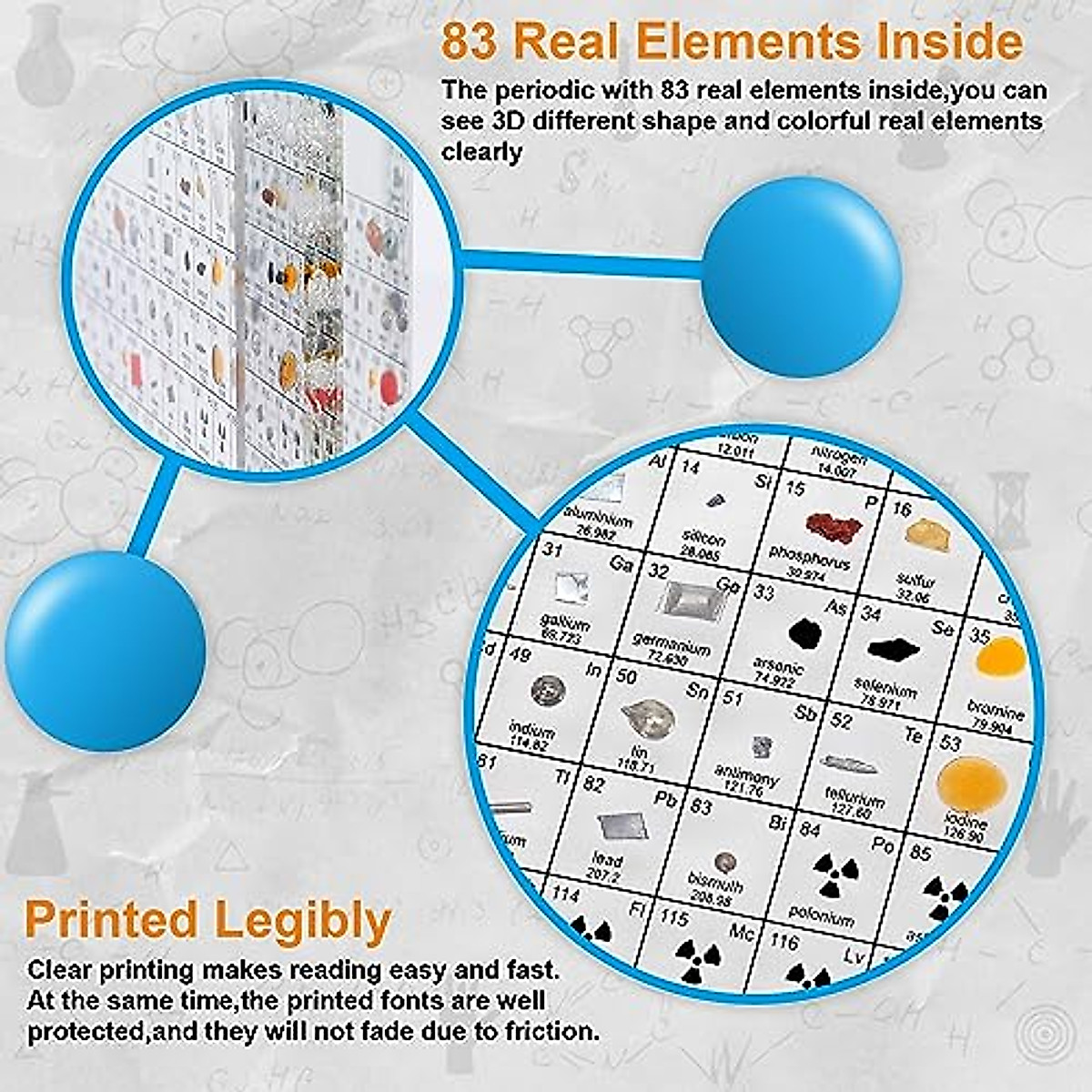 UkkRoa Real Chemical Element Periodic Table 83 Kinds of Real Elements & Acrylic Display Stand, for Science Lovers, Students to Learn Chemistry Chart Tools, Gifts and Crafts Decoration (5.9" x 4.5")