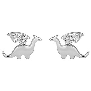 Small Dragon Earrings Stud for Women Girls Sterling Silver Hypoallergenic Cubic Zirconia Tiny Dinosaur Brontosaurus Animal Cartilage Tragus Post Polished Fashion Cute Jewelry Birthday Gifts (Silver)