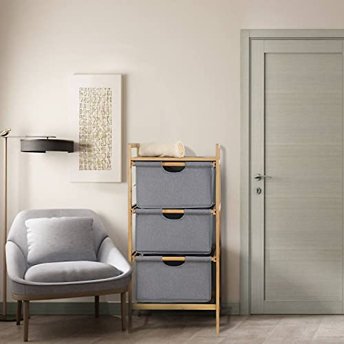 Fabric Laundry Basket 3-Tier Clothes Hamper Bins Bamboo Free-standing Laundry Storage Organizer Bags with Handle and Desktop for Living Room Bedroom Bathroom Closets