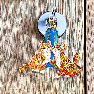 5pcs 5D DIY Diamond Painting Keychains Kit, Double Sided Full Drill Rhinestone Pasted Painting Key Chains Pendant for Kids Adults Beginners Backpack Handbag Ornaments Decoration (Cat)