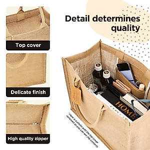 2 Pack Jute Tote Bags - X-Large Reusable Jute Tote Bag with Handles and Top Zipper Closure - Water Resistant Blank Tote Bags for Bridesmaid Wedding Gift, Grocery, Shopping, Beach, and DIY Crafts