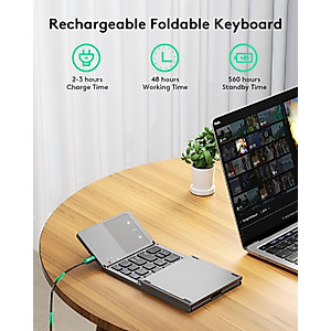 Samsers Foldable Bluetooth Keyboard with Touchpad Portable Wireless Keyboard with Stand Holder, Rechargeable Full Size Ultra Slim Pocket Folding Keyboard for Android Windows iOS Tablet & Laptop-Gray