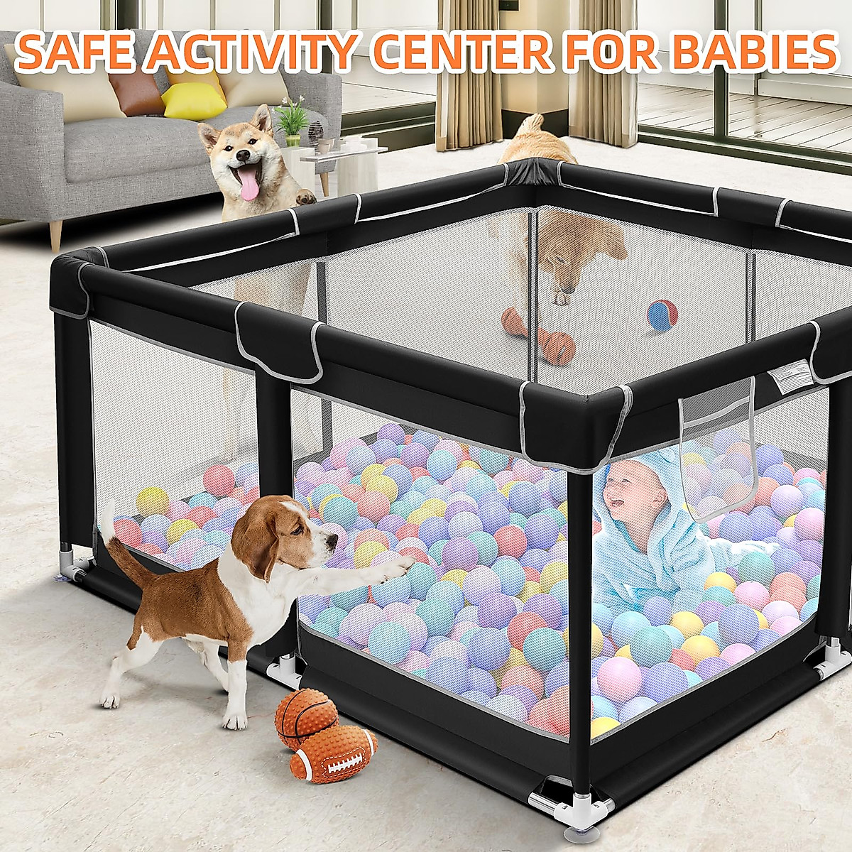 Suposeu Baby Playpen, Sturdy and Safety Playard with Soft Breathable Mesh, Indoor and Outdoor Baby Fence, Portable Playpen for Babies and Toddlers, Black