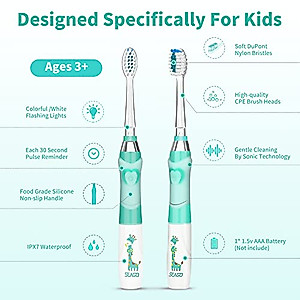 SEAGO Electric Toothbrush Children from 3-12 Years Kids Toothbrushes Electric with Colored Light Smart Timer 3 Soft Brush Heads Waterproof Baby Sonic Toothbrush for Girls Boys SG-977 (Green)