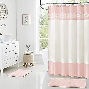 15 Piece Bathroom Shower Curtain set with Memory Foam Bath rugs. 2 Solid Rose Pink Beige Color Modern Design None-Slip Bath Mats Includes12 Roller Ball Hooks Style Carrie (Lite Rose Pink)