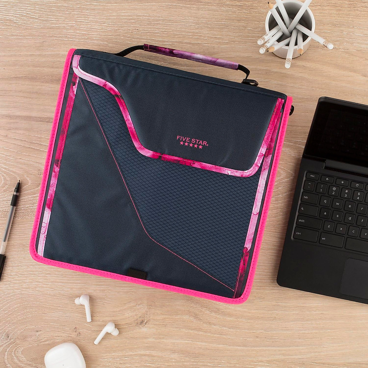 Five Star Zipper Binder, 3 Inch 3-Ring Binder for School, 5-Tab Expanding File, 850 Sheet Capacity, Removable Padded Case, Navy/Pink (292960D)