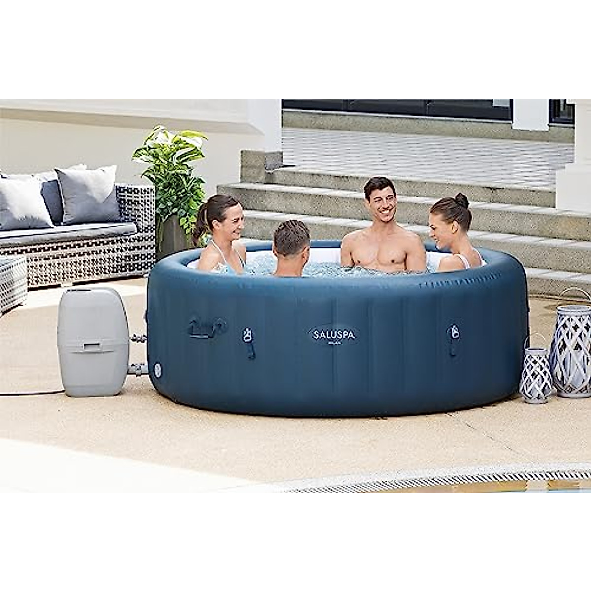 Bestway SaluSpa Milan AirJet 2 to 6 Person Inflatable Hot Tub Round Portable Outdoor Spa with 140 Soothing AirJets, App Control and Cover, Blue