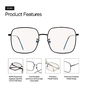 EVEE Square Oversized Anti-Blue Light Glasses For Women with Flat Lenses and Metal Frame - (Kelly) (Matte Black)