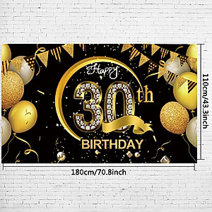 Happy 30th Birthday Banner for Men/Women, Black Gold 30th Birthday Decorations, 30th Birthday Poster Sign, 30th Birthday Party Photo Booth Props (70.8in x 43.3in)