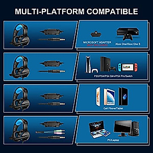 PHOINIKAS PS4 Gaming Headset with 7.1 Surround Sound, Xbox One Headset with Noise Canceling Mic & LED Light, H3 Over Ear Headphones, Compatible with Nintendo Switch, PC, PS4, Xbox One, Laptop (Blue)