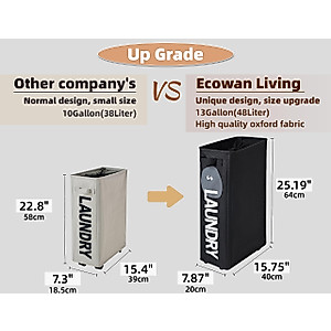ECOWAN LIVING Laundry Basket with Wheels, Narrow Thin Tall Rolling Collapsible Foldable Laundry Hamper, Waterproof Corner Dirty Clothes Laundry Bin, Handle on Both Side, 48L (Slim/13Gal, Black)