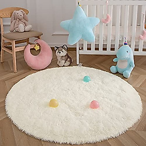 Goideal Soft Round Shaggy Rug, 4 x 4 Feet Cream Fluffy Circle Rug for Boys Girls, Fuzzy Cute Bedroom Rug, Circle Plush Floor Carpet for Nursery Room Decor