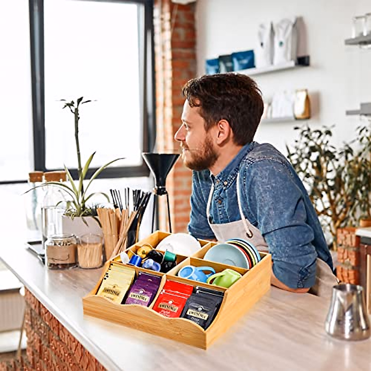 WUWEOT Coffee Condiment Organizer, Bamboo Storage Bin Drawers Box, Coffee Station Organizer Pantry Sugar Tea Bag Packet Organizers, Desk Storage Tray Containers with 6 Removable Compartments