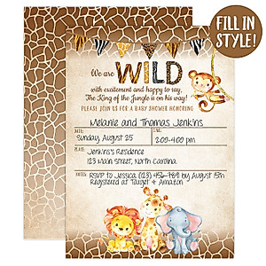 Jungle Safari Baby Shower Invitations - Safari Animal Invitation - 20 Fill-In Invitations and White Envelopes - Boy or Neutral Baby Shower Party - Monkey, Lion, Elephant, Giraffe