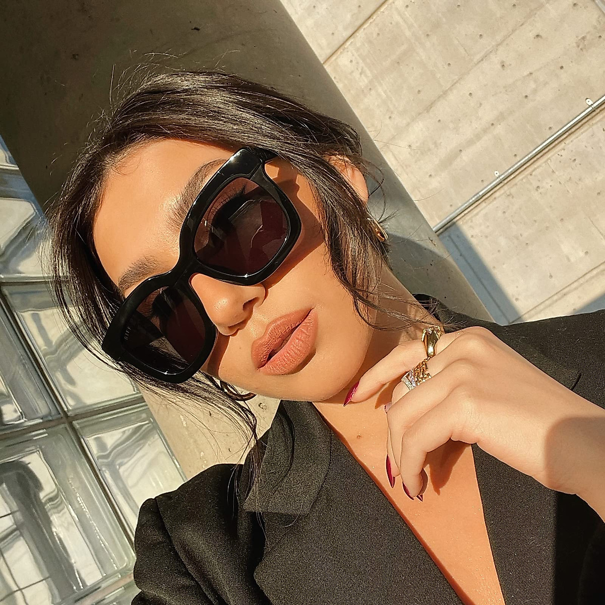 DIFF Carson Designer Square Oversized Sunglasses Women UV400 Polarized Protection, Black Extra large trendy 2023 frames