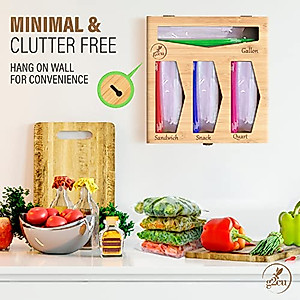 g2cu Bamboo Ziplock Bag Organizer For Kitchen Drawer Includes Set of 16 Food Bags-Wall Mounted Baggie Organizer with Lock-Plastic Bag Holder Dispenser Compatible With Gallon, Sandwich, Snack & Quart