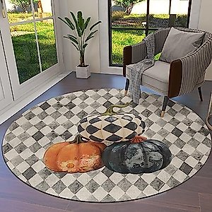 Pumpkins Floral Round Area Rug 3ft,Washable Outdoor Indoor Carpet Runner Rug for Bedroom,Kitchen,Living Room,Office,Area+Rug Small Bath Door Desk Mat Shabby Chic Fall Thanksgiving Plaid Black Orange