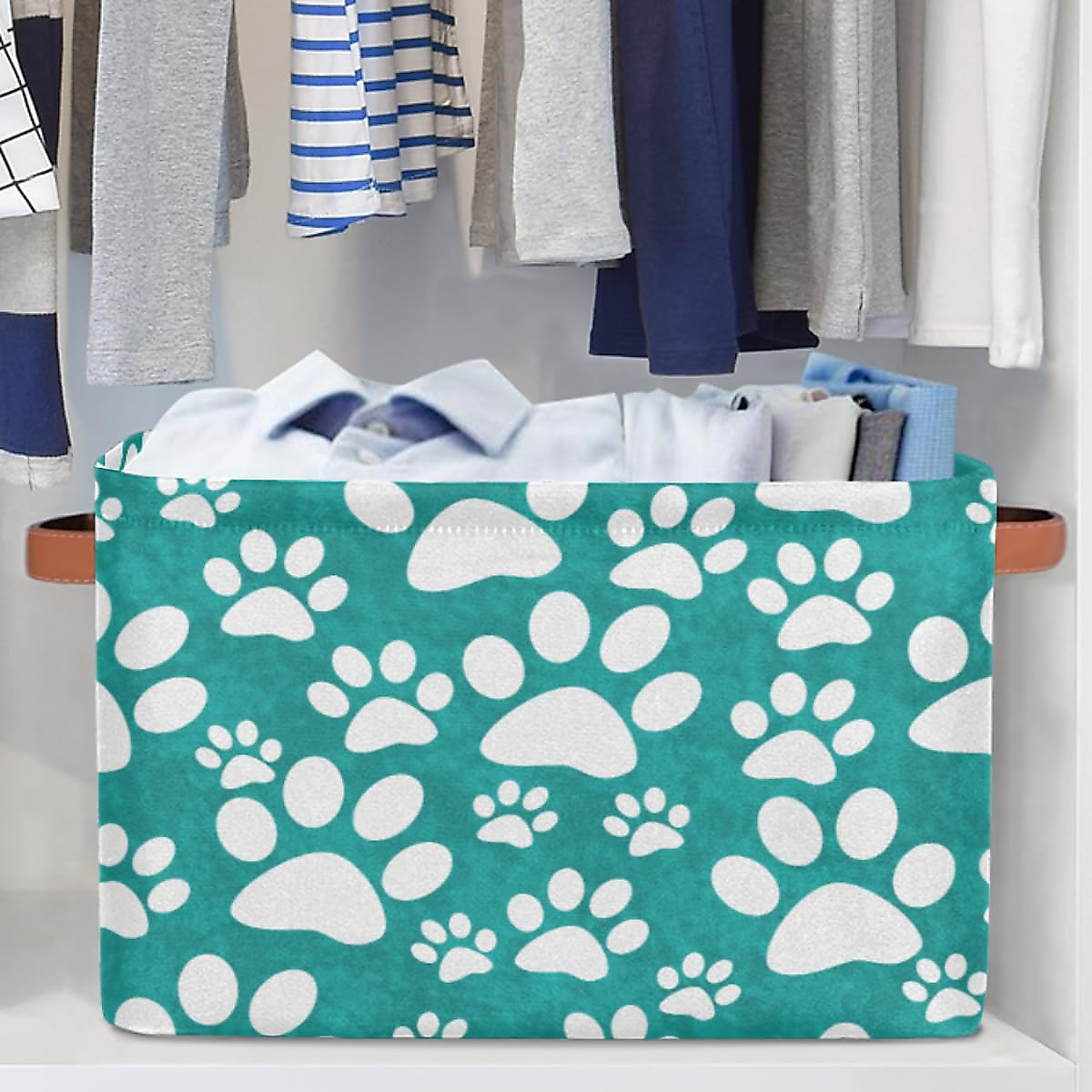 Teal and White Dog Paw Foldable Storage Basket Bin Large Fabric Kids Toys Storage Cube Box with Handles Collapsible Closet Shelf Cloth Organizer Basket for Nursery Bedroom Shelves Laundry