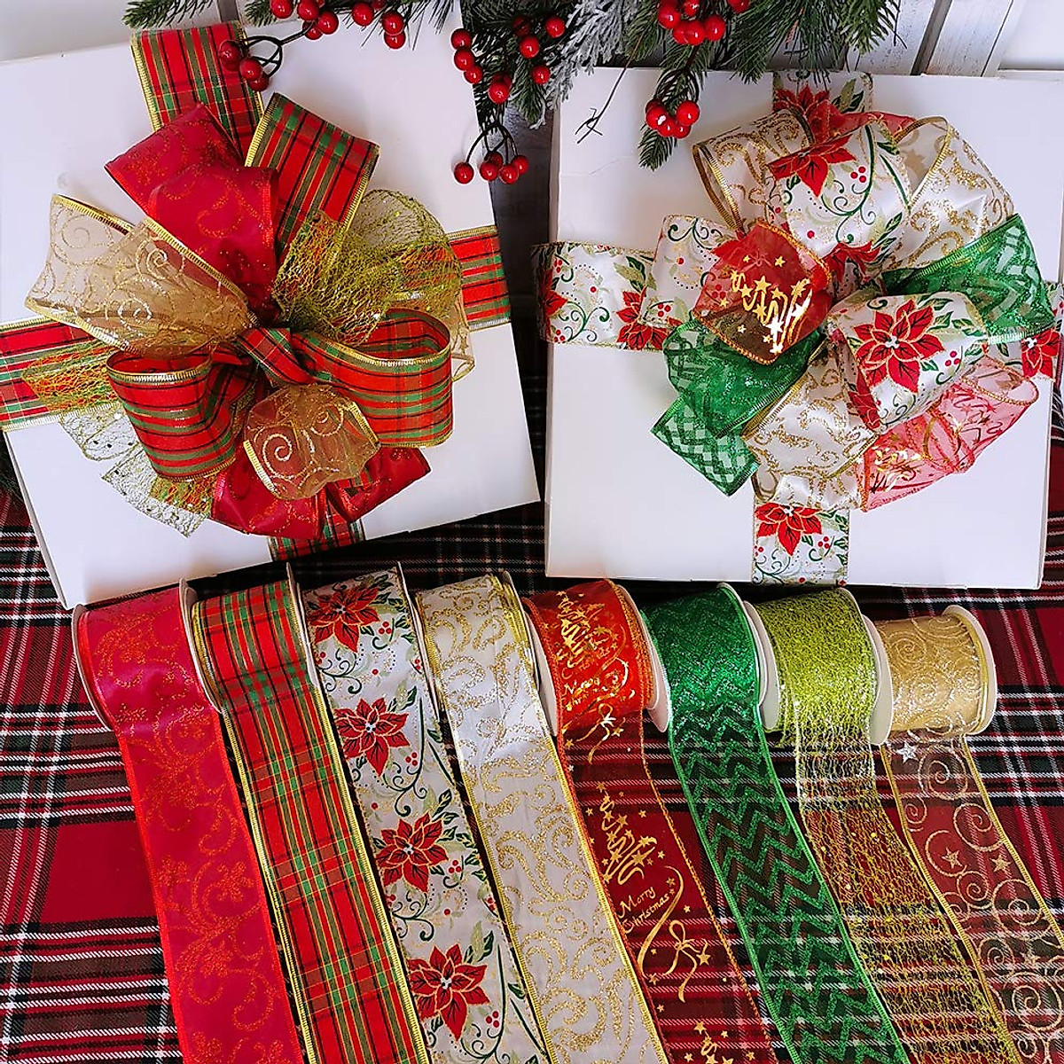 8 Rolls 48 Yards Assorted Christmas Tree Ribbon Plaid Bow Wired Ribbon Craft Gift Wrapping Ribbon Holiday Poinsettia Floral Mesh Sheer Glitter Tulle Organza Ribbon 2.5" Wide for Xmas Wreath Garland