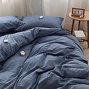 FACE TWO FACE Bedding Duvet Cover Set 3 Pieces 100% Washed Cotton Duvet Cover Linen Like Textured Breathable Durable Soft Comfy (Queen, Denim)