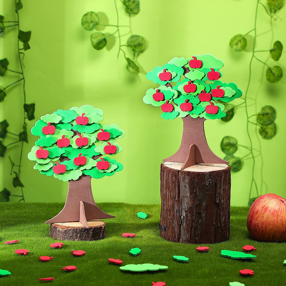 Nuanchu 20 Set 3D Foam Tree Craft Apples Leaves Sticker Self Adhesive Foam Tree Glitter Apple Sticker Spring Trees for Craft Project Family Art Activity