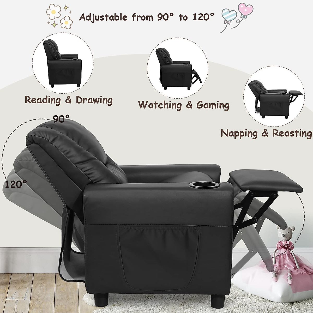 chizzysit Kids Recliner Chairs for Toddlers, Toddler Recliner for Kids Age 1-4 with Cup Holder and Side Pockets, Kids Sofa Couch for Children Bedroom, Living Room, Black