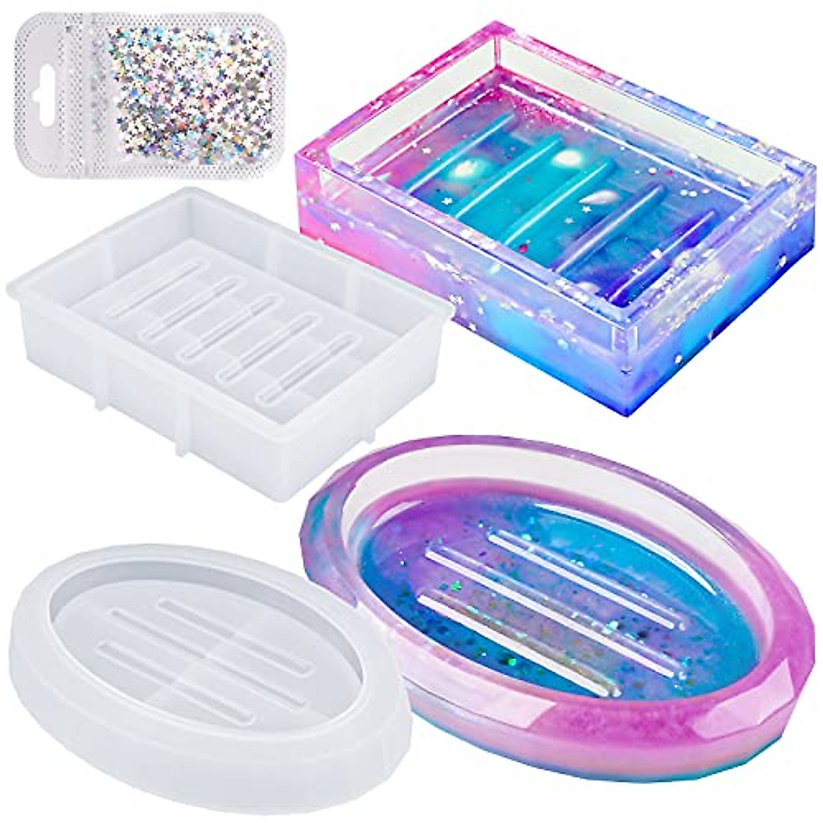 NiArt 2-Pack Faceted Oval & Rectangle Soap Dish Epoxy Resin Silicone Mold+Star Sequins Kit, Ring Dish Jewelry Tray Ashtray Candle Holder Storage Box DIY Casting Art Craft Agate Home Decoration Gift