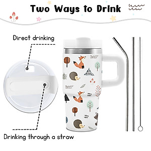 Raccoon Gifts, 14 Oz Fox Tumbler with Handle and Straw for Kids, Stainless Steel Vacuum Insulated Tumblers for Toddlers, Animal Lover Gifts for Christmas Birthday, Hedgehog