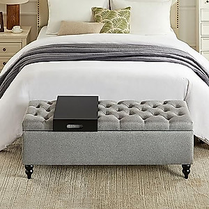 Busaurus Storage Ottoman Bench 50.2 Inches, Upholstered End of Bed Ottoman Bench with Storage and Seating, Large Blanket Storage Bench for Foot Rest in Bedroom, Living Room, Entryway (Grey with Tray)