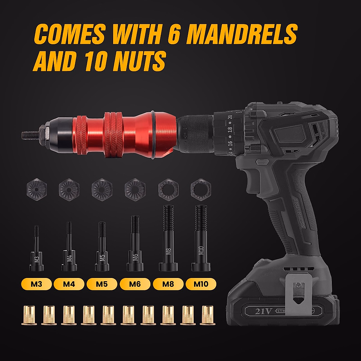 TaskStar Rivet Nut Drill Adapter Kit, Cordless Rivet Nut Tool Adapter Use with Electric Drills and Screwdriver, Rivet Gun Adapter for Drill Rivet Nut Drill Attachment with 6 Mandrels and 10 Nuts