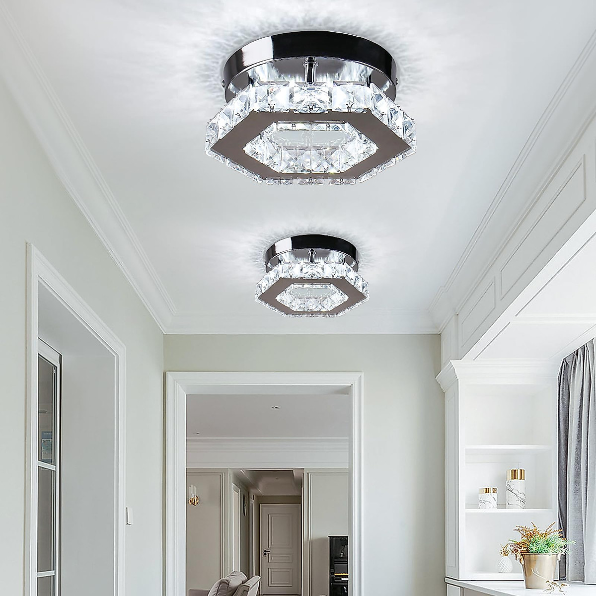 Cainjiazh Mini Chandelier LED Crystal Chandelier Lighting Flush Mount Ceiling Light Fixture Modern Ceiling Crystal Lamp for Hallway Bar Staircase Kitchen Bedroom (Multicolor)