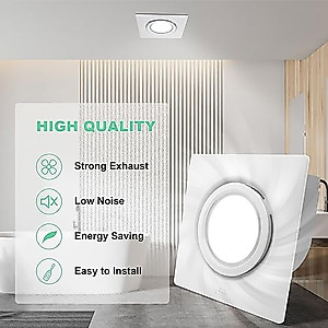 POWERENG Bathroom Exhaust Ventilation with Light,164 CFM 0.7Sones Quiet Ceiling Mount Ventilation Fan,6000K 12W LED,White,110V Vent Fan Ceiling