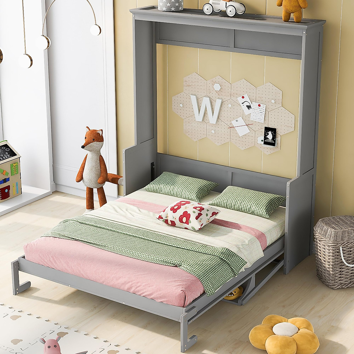 King Size Upholstered Platform Bed with Oversized Padded Backrest, King Bed Frame with Thickening Pine Wooden Slats and Metal Leg, No Box Spring Needed, Grey