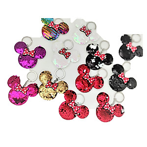 ITISMINE 12 pieces Sparkly BLINK Plush Reversible Sequin 3 inch Key Chain Appeal Backpack Bag Accessories (Minnie Shape), Red Pink Gold Silver Rainbow, 1 size fit all