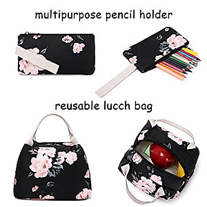 SHEEYEE School Backpack for Girls Bookbags with Lunch Box Set Students Laptop Travel Floral Backpack(Black with Flower)